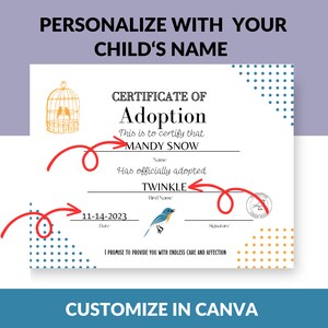 Bird Adoption Certificate | Editable Canva Template | Printable Avian ...