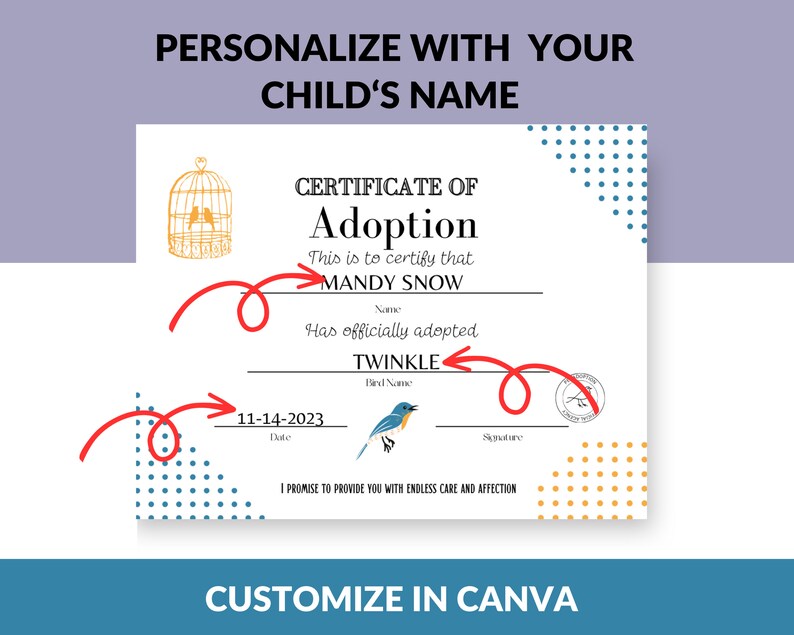 Bird Adoption Certificate | Editable Canva Template | Printable Avian ...