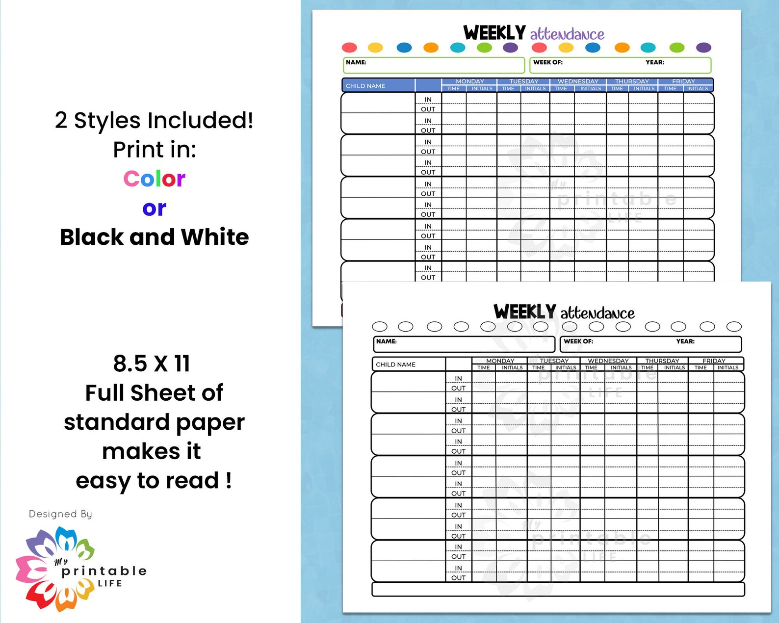 Weekly Attendance Form Sign-in Sign-out Sheet Event Printable ...