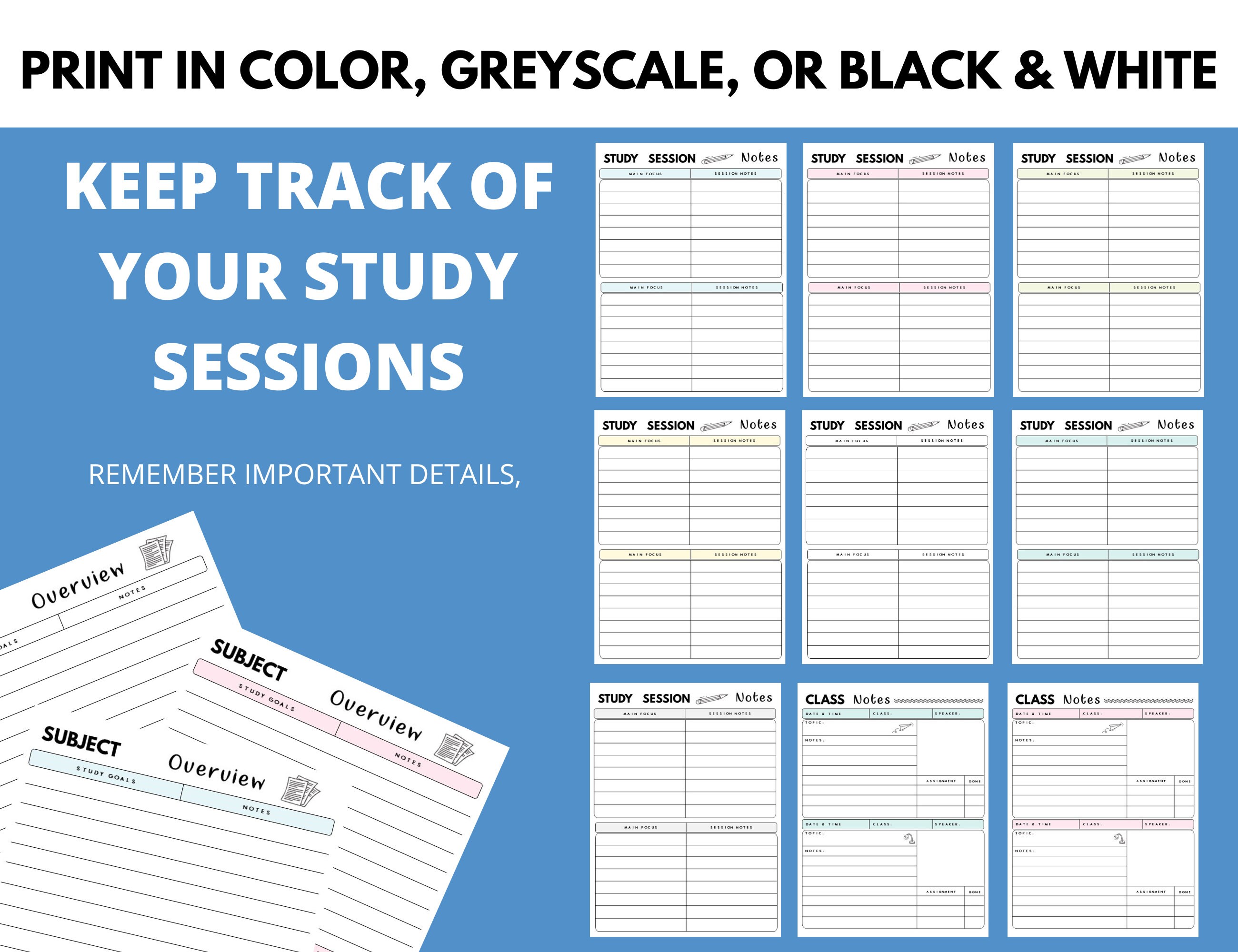 Class Notes Template, Printable Study Session, Subject Overview Pages ...