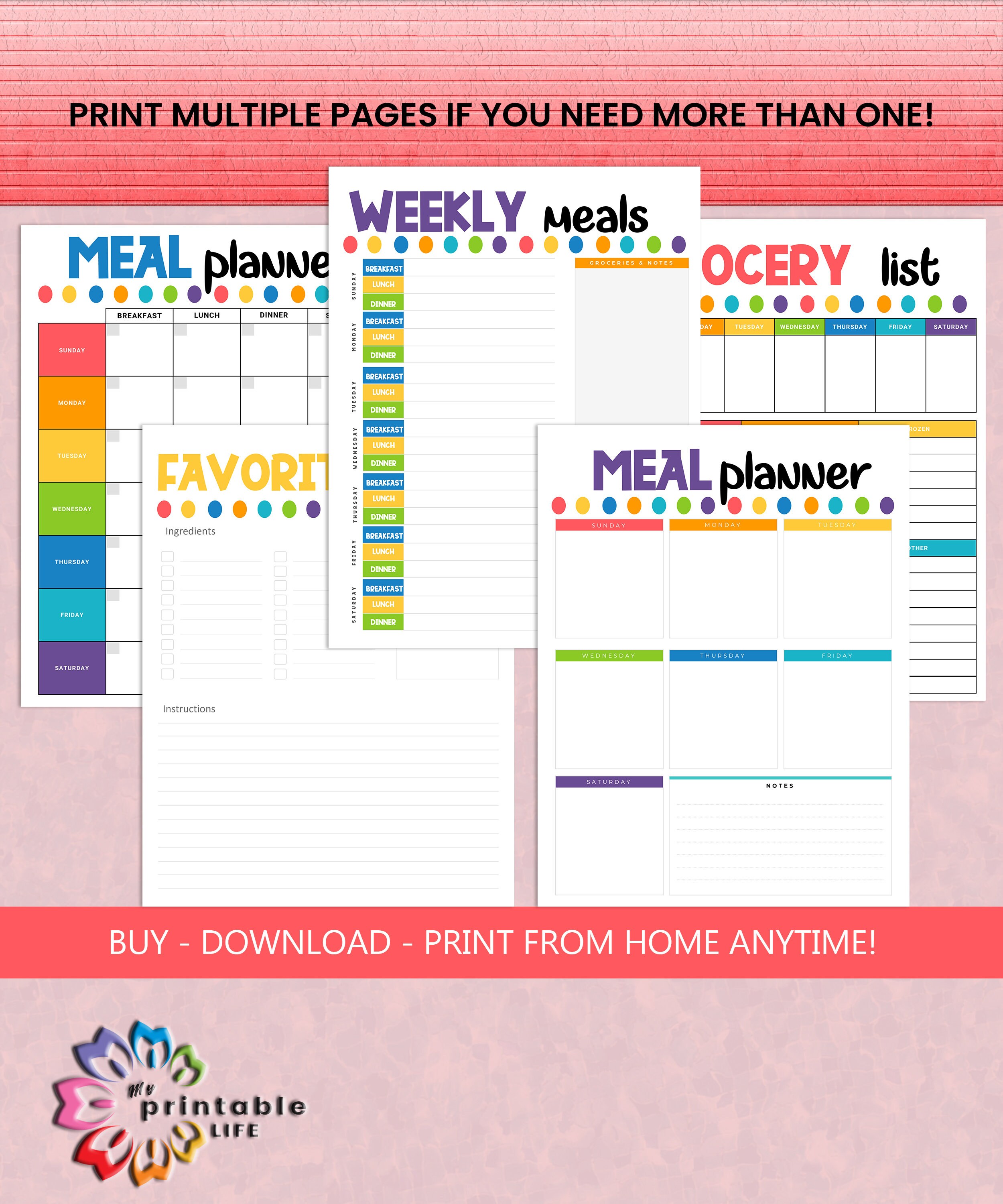 Sunday Start Weekly Meal Planner Printable, Menu Planner, Weekly Meal ...
