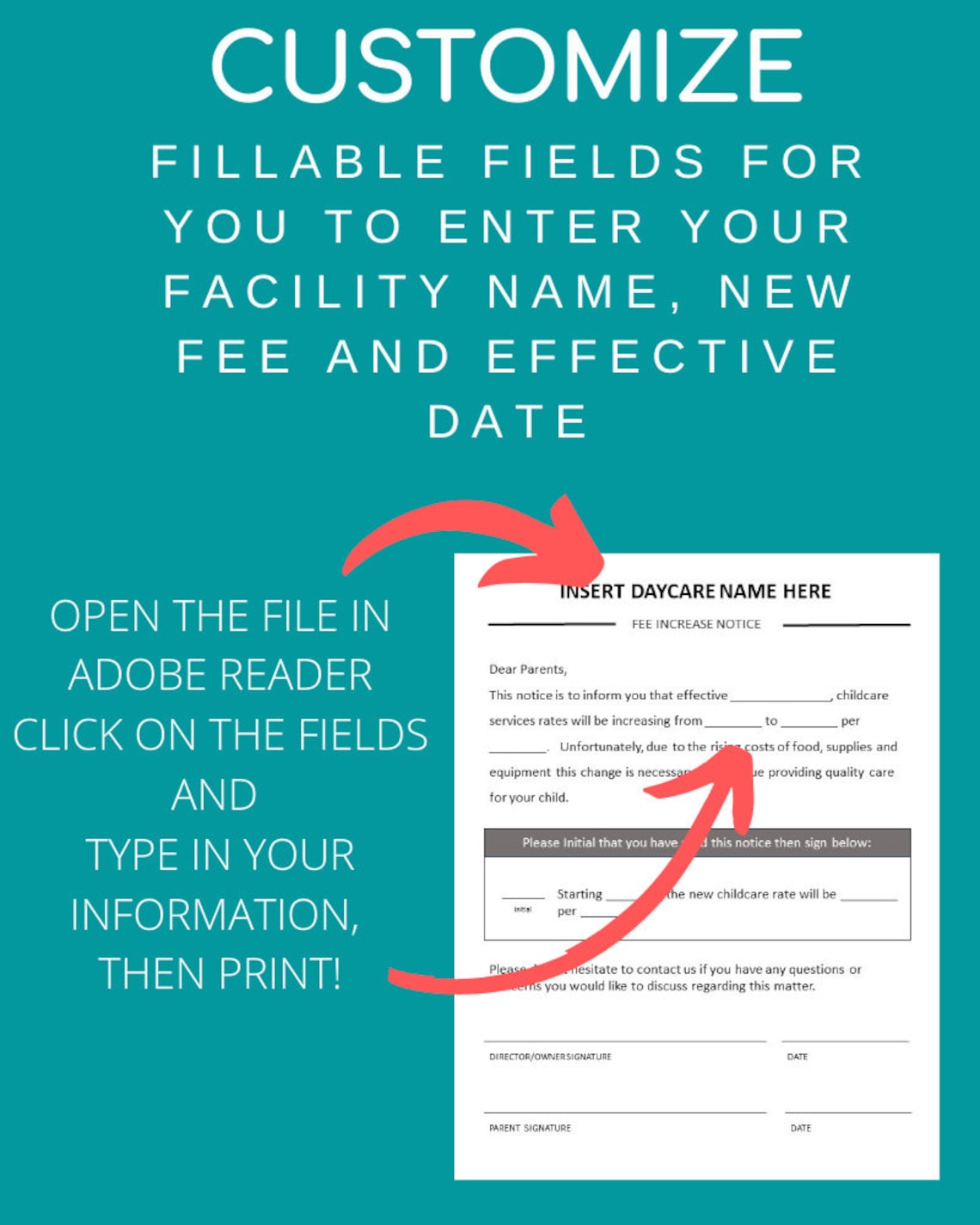 DAYCARE FEE INCREASE Notice, Tuition Rate Increase Letter, Childcare ...