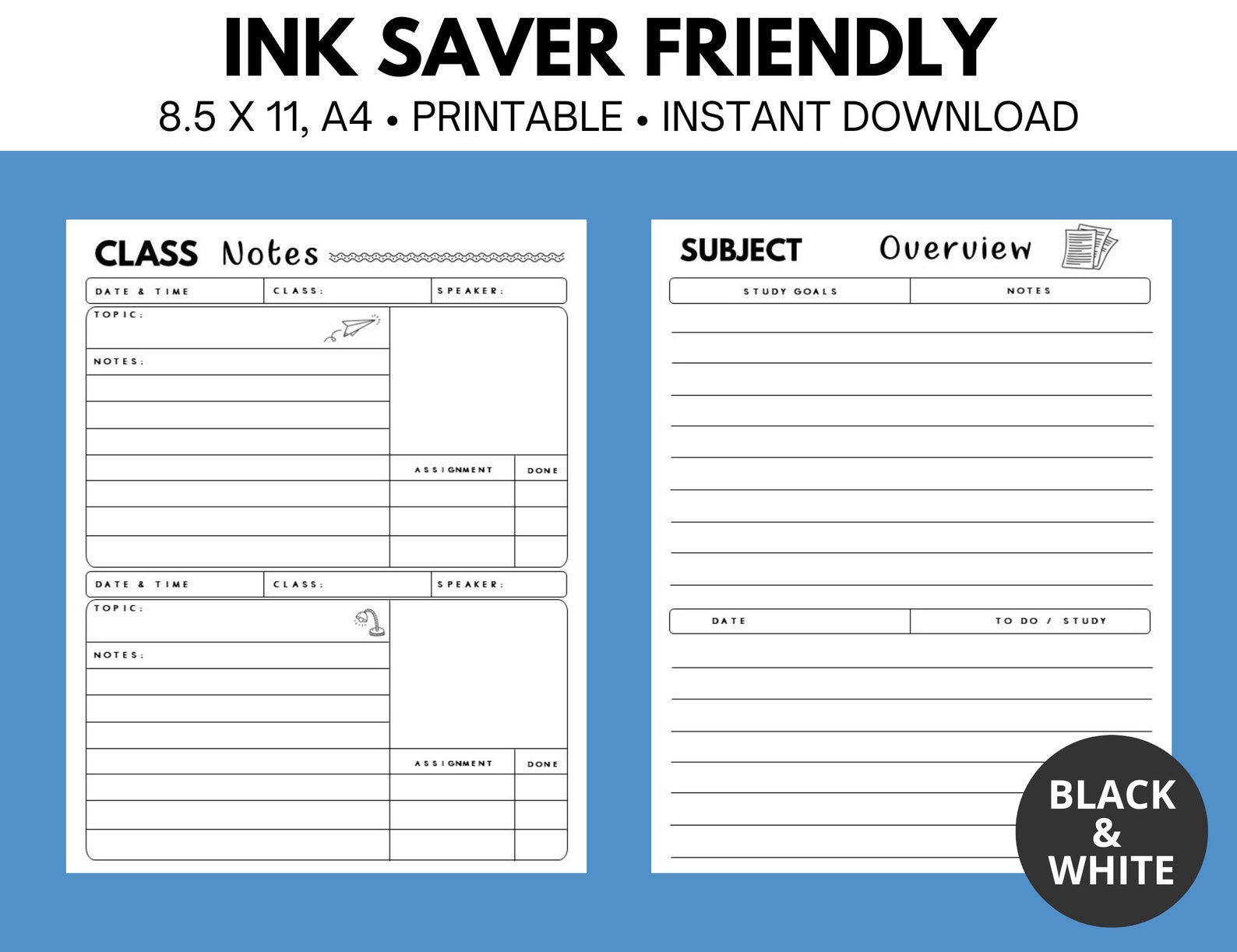 Class Notes Template, Printable Study Session, Subject Overview Pages ...