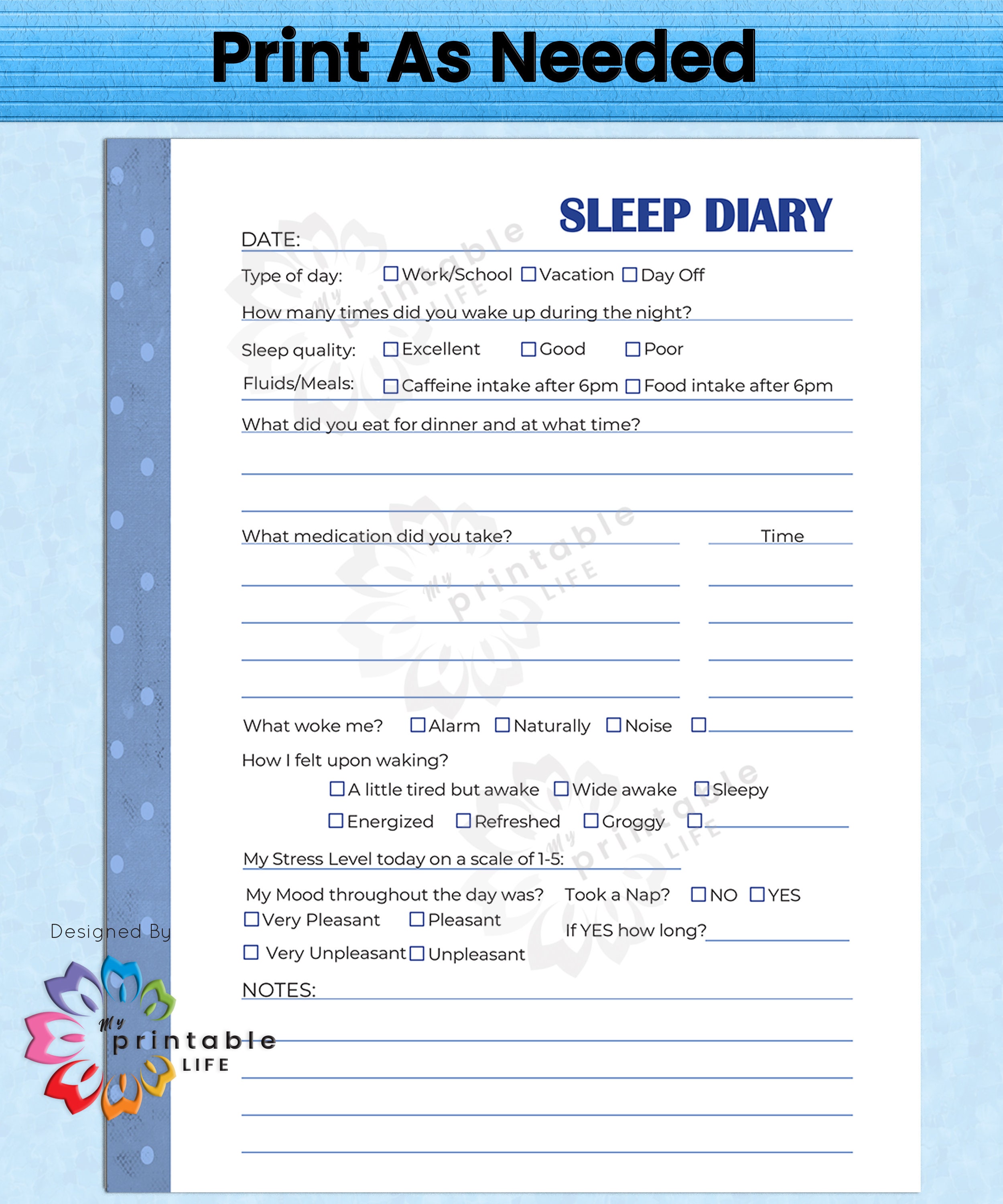 Sleep Journal Tracker Planner Printable PDF Insert Insomnia - Etsy