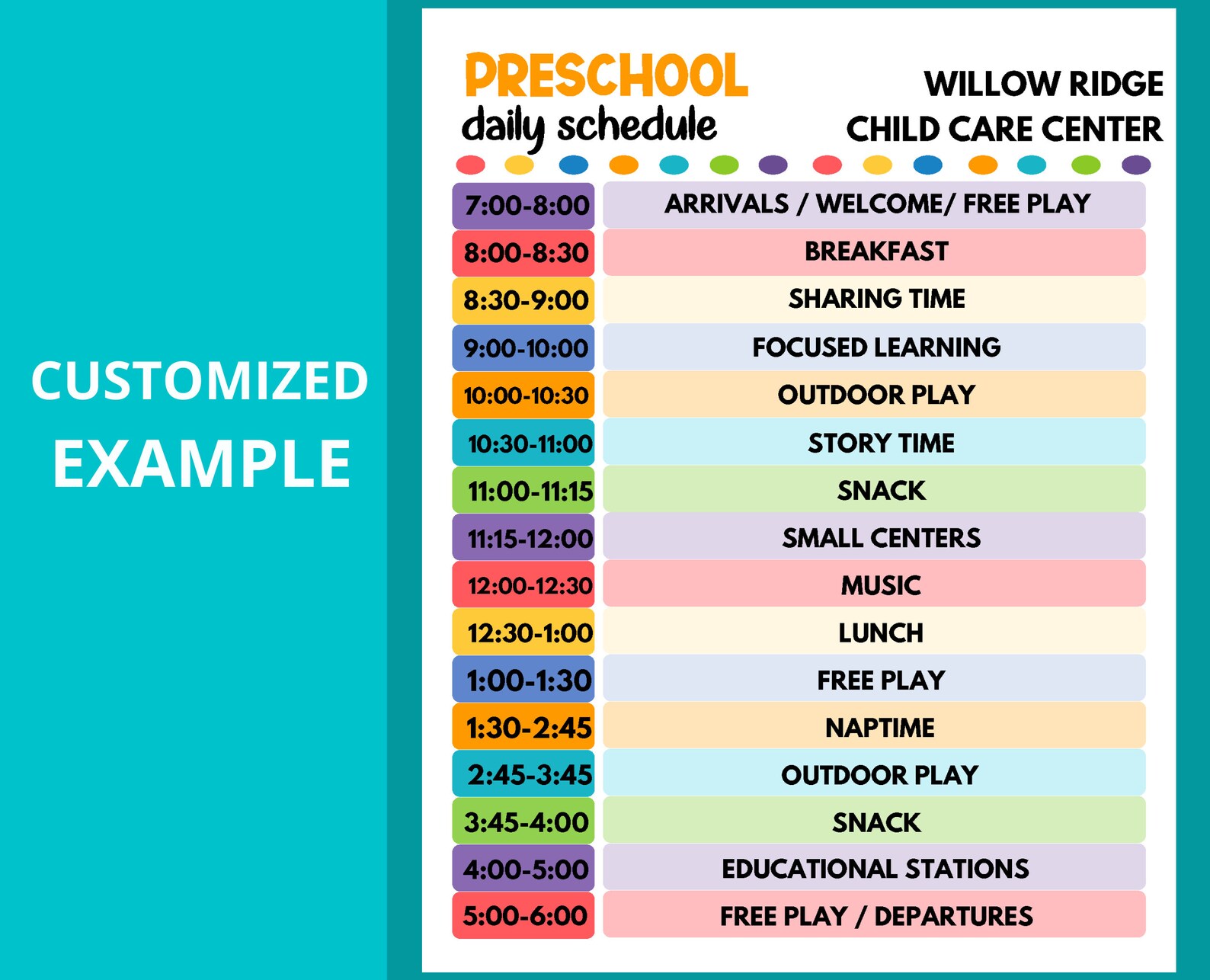 Daycare Daily Schedule for PRESCHOOL Printable Child Care Fillable PDF ...