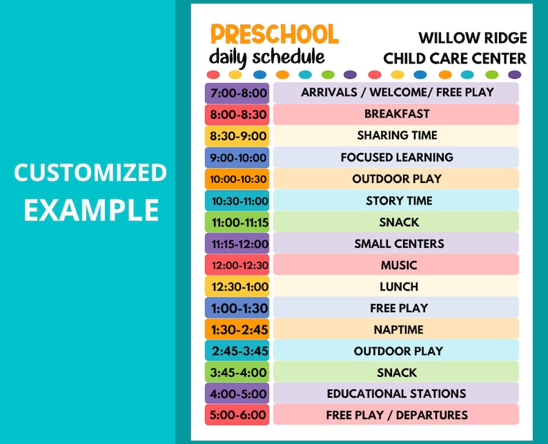 Daycare Daily Schedule for PRESCHOOL Printable Child Care Fillable PDF ...