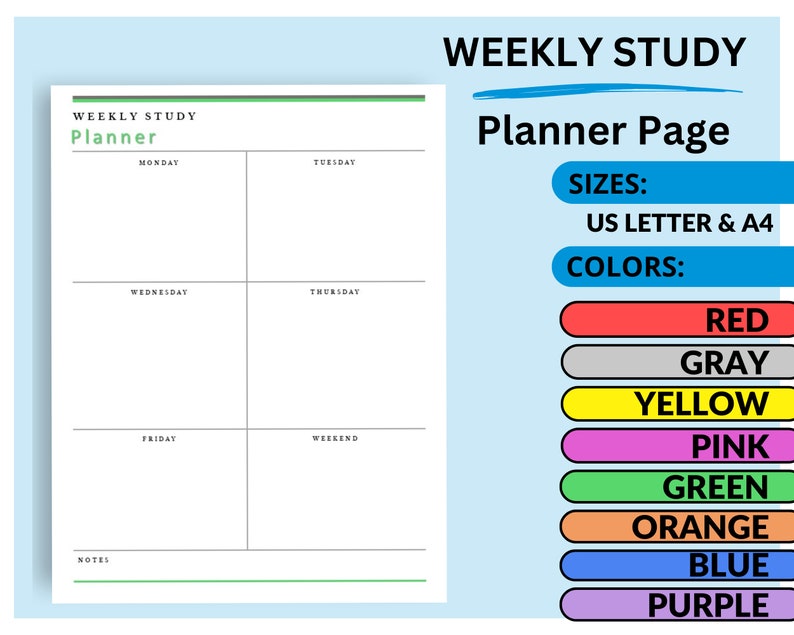 Weekly Study Planner Printable Page Student Study Organizer - Etsy