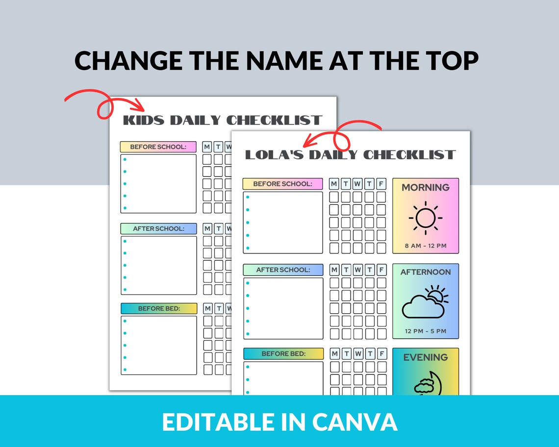 Kids Daily Schedule Checklist Printable Editable Chore & Responsibility ...