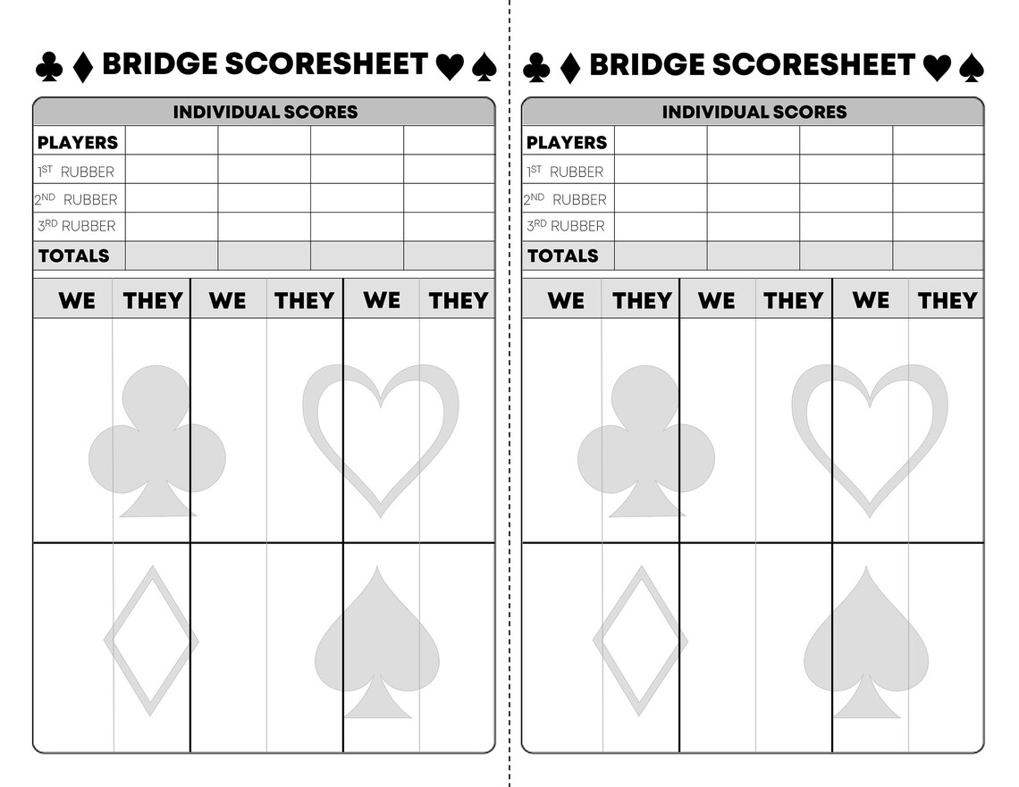 BRIDGE Score Sheet, Card Game Scorecard, Comes in 2 Colors, 2 Sizes ...