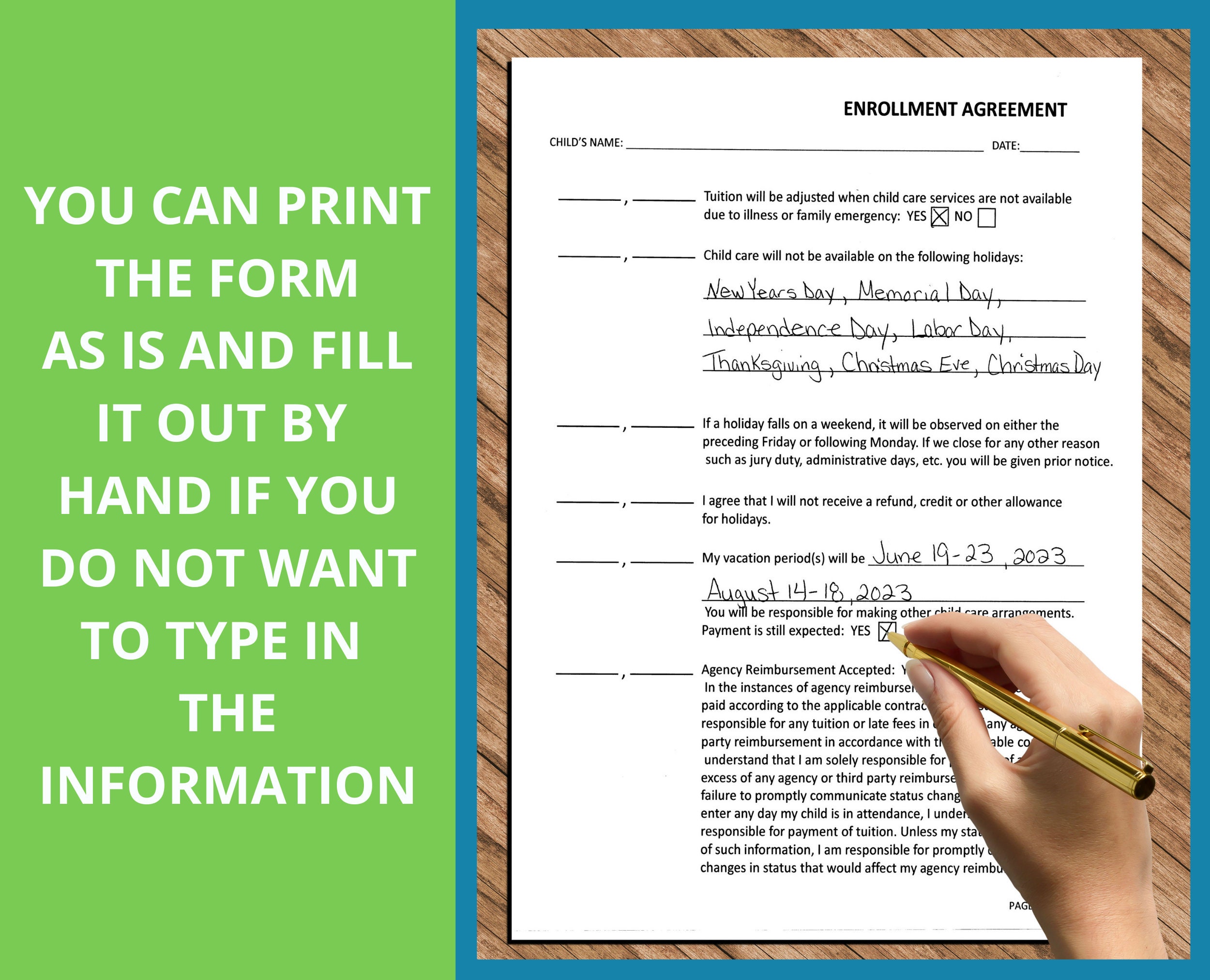 DAYCARE ENROLLMENT AGREEMENT Form, Fillable Child Care Contract - Etsy