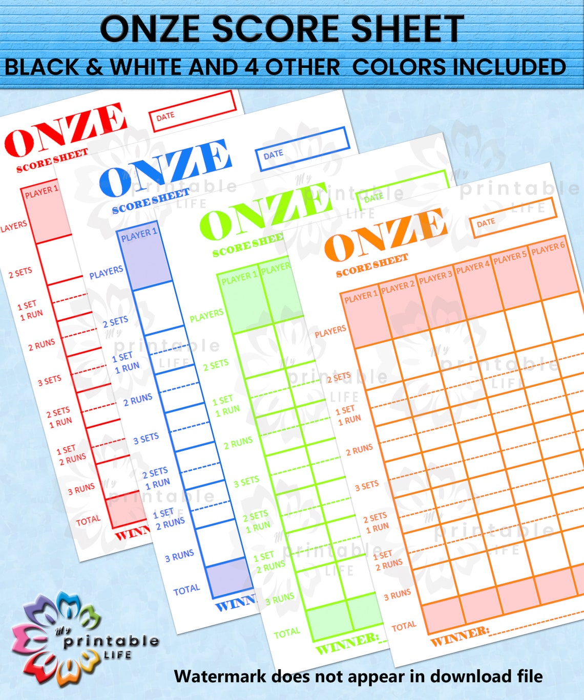 ONZE Score Sheet, Card Game Scorecard, Comes in 5 Colors, 2 Sizes ...