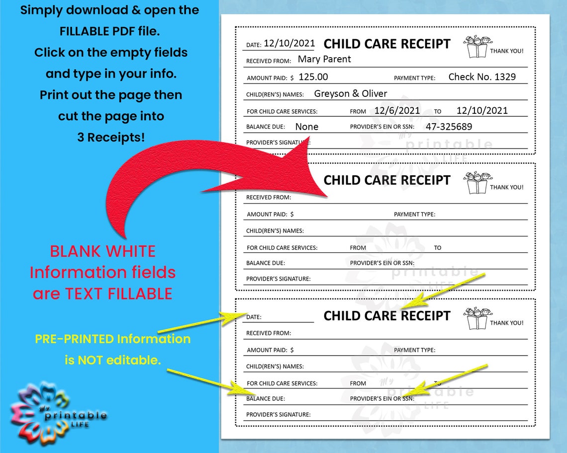 Child Care Receipt Form Daycare Printable, Childcare Payments, Instant ...