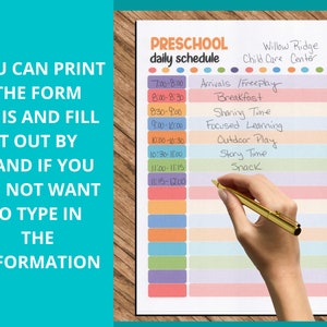 Daycare Daily Schedule for PRESCHOOL Printable Child Care Fillable PDF ...