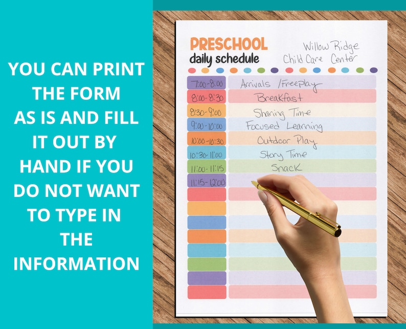 Daycare Daily Schedule for PRESCHOOL Printable Child Care Fillable PDF ...