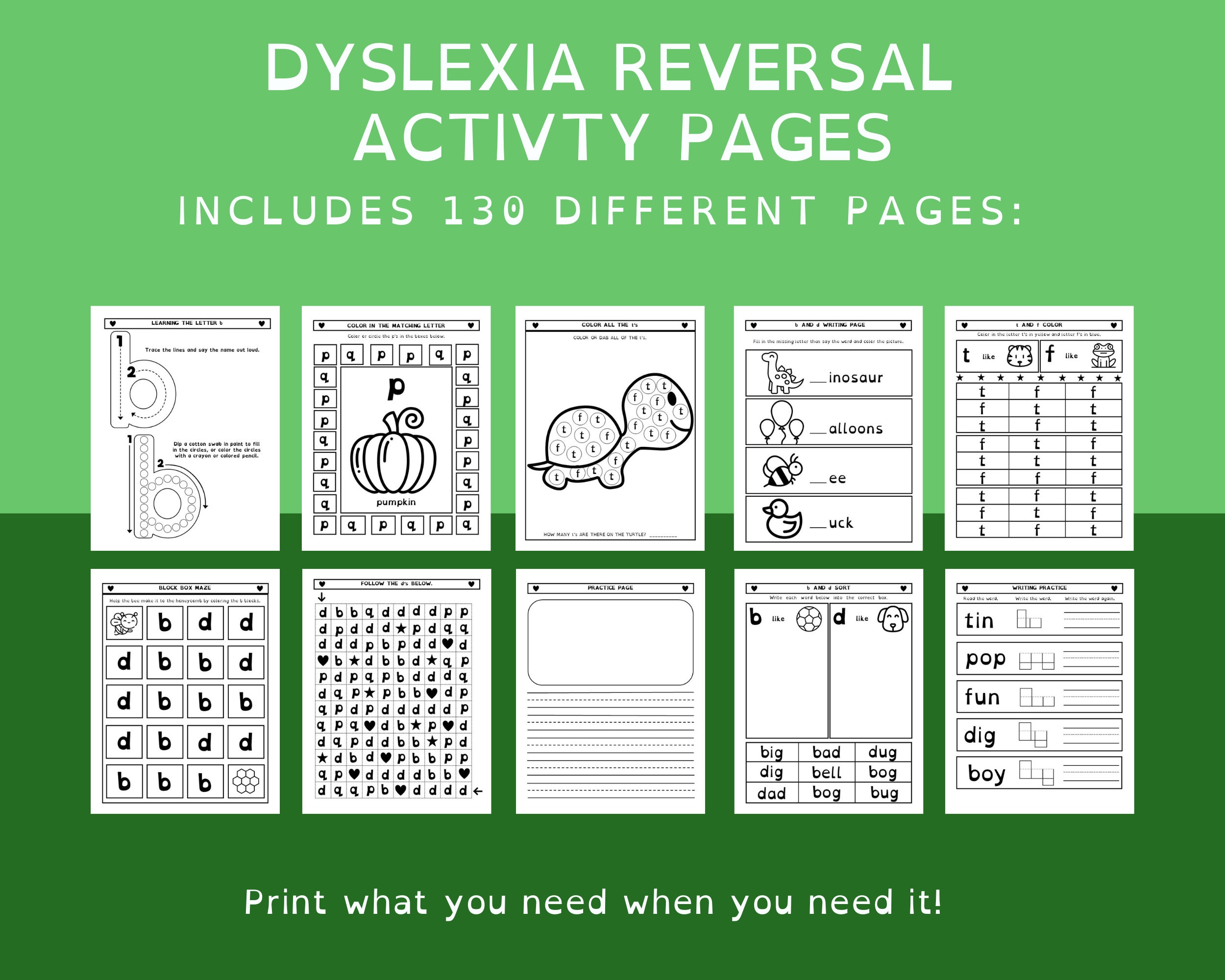 Dyslexia Letter Reversals Worksheets for the Letters B, D, P, Q, T, and ...