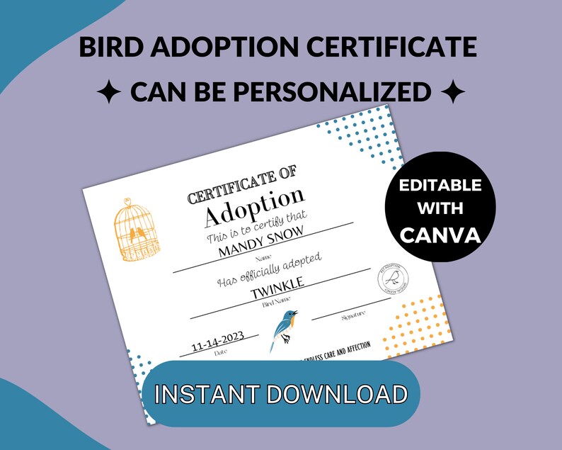Bird Adoption Certificate | Editable Canva Template | Printable Avian ...