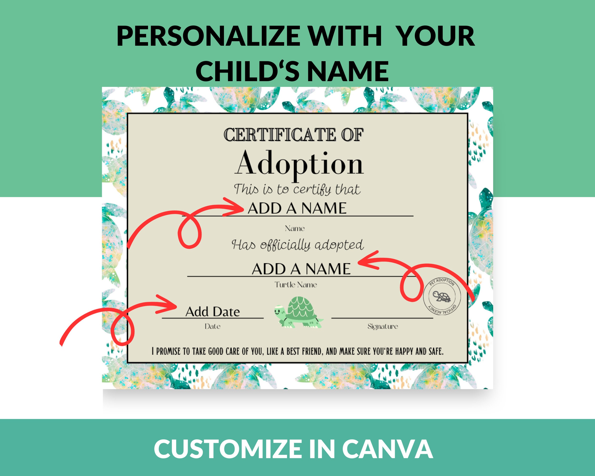 Editable Turtle Adoption Certificate | Custom Canva & PDF Template ...