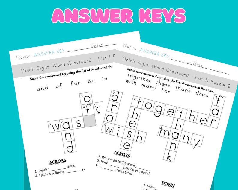 Sight Words Crossword Puzzle Worksheets | 220 Dolch Words | 33 Puzzles ...