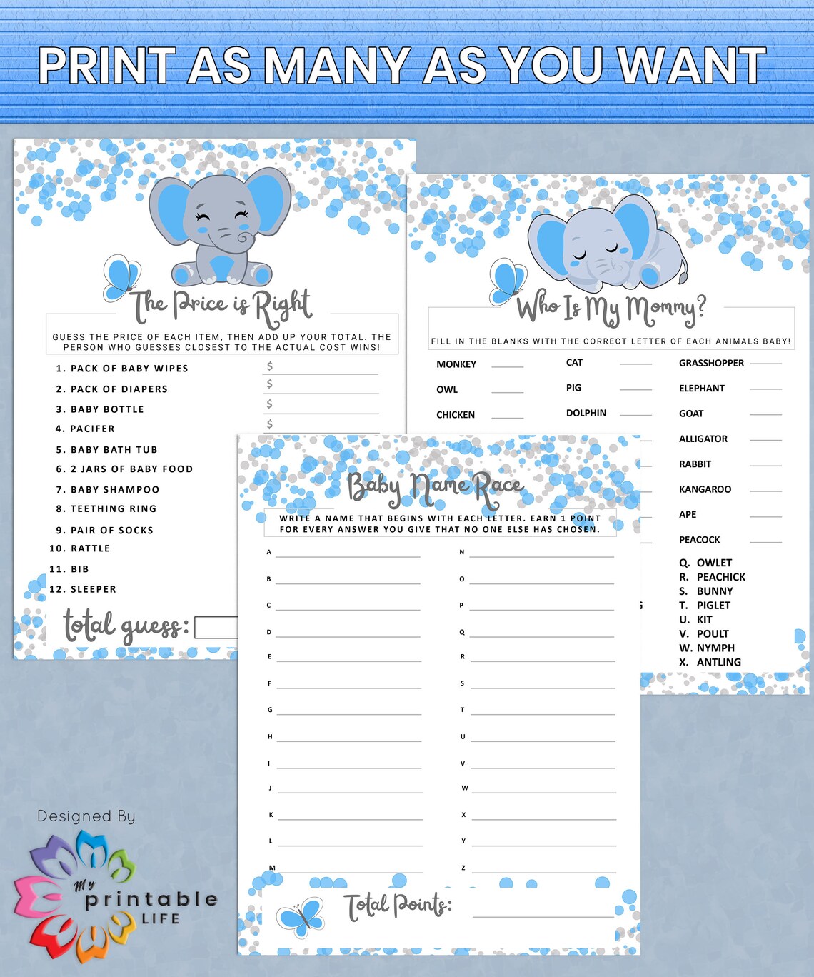 Elephant Baby Shower Games Printable Game Bundle Blue Elephant - Etsy