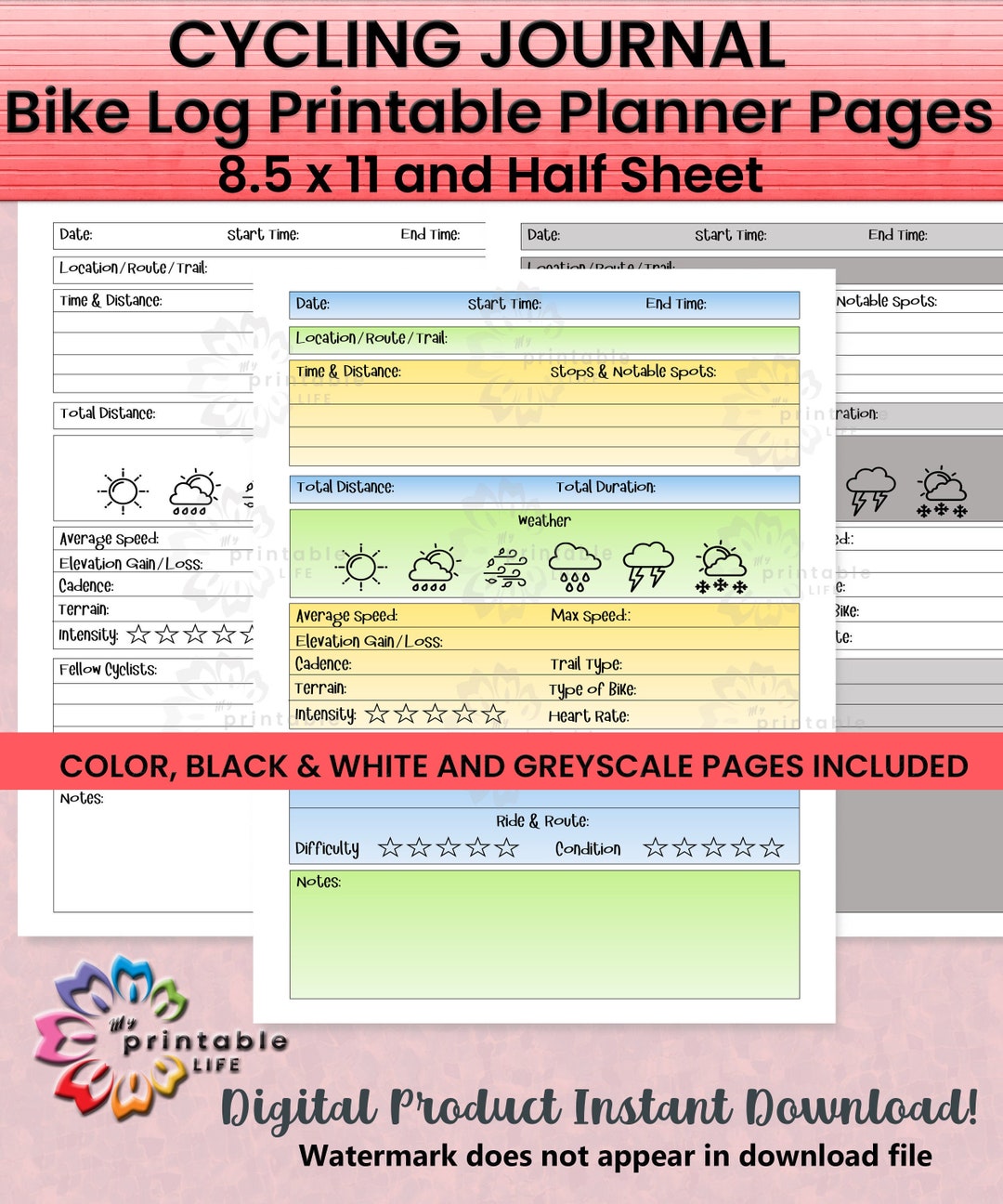 Cycling Journal Bike Log Planner Pages- Printable PDF - Instant ...