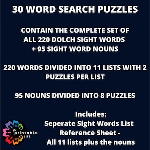 Sight Words Word Searches Complete Dolch 220 Plus 95 Nouns With Answer ...