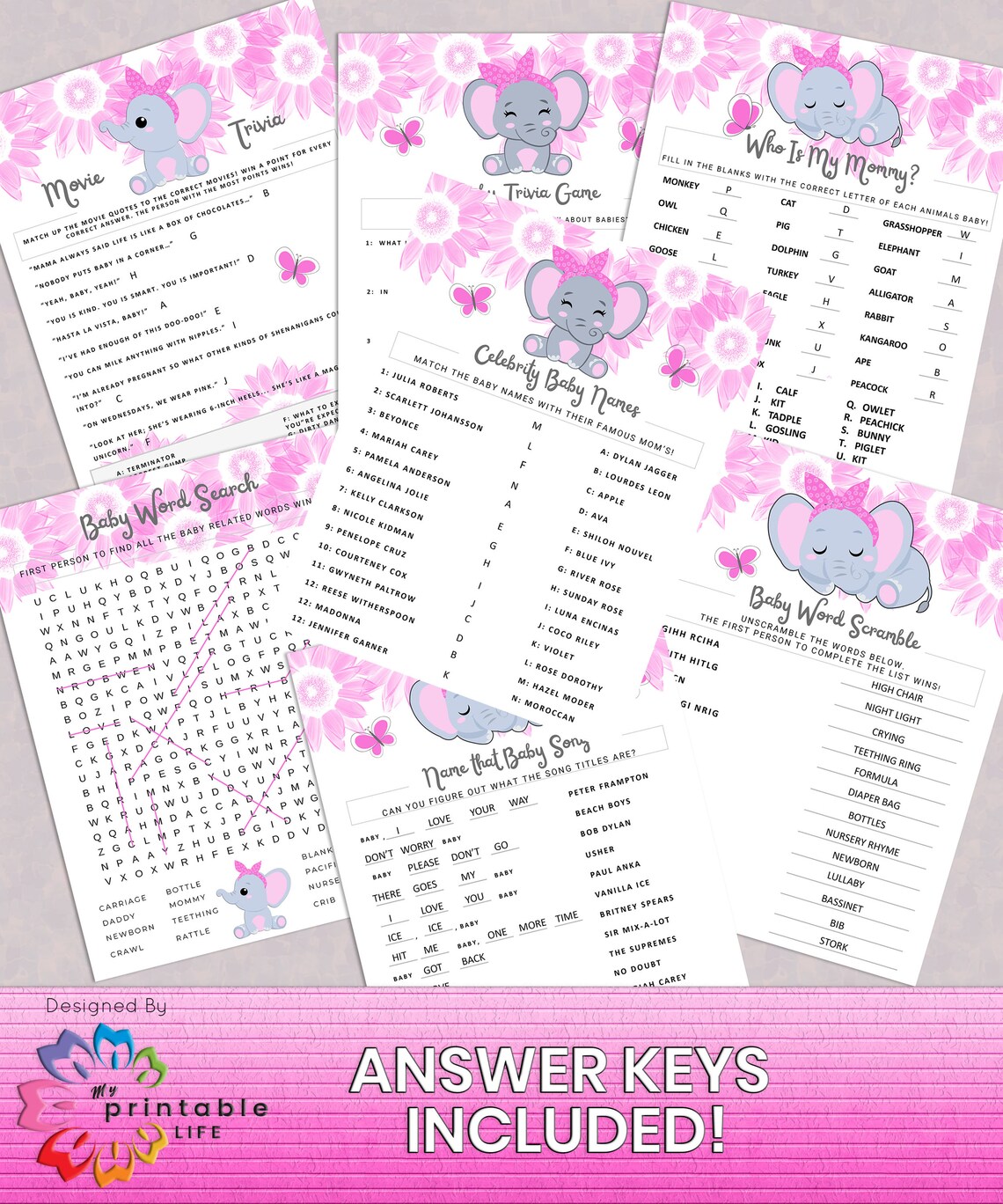 Elephant Baby Shower Games Printable Game Bundle Pink Elephant Instant ...