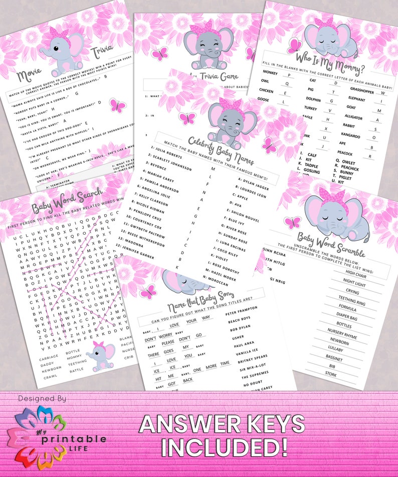 Elephant Baby Shower Games Printable Game Bundle Pink Elephant Instant ...
