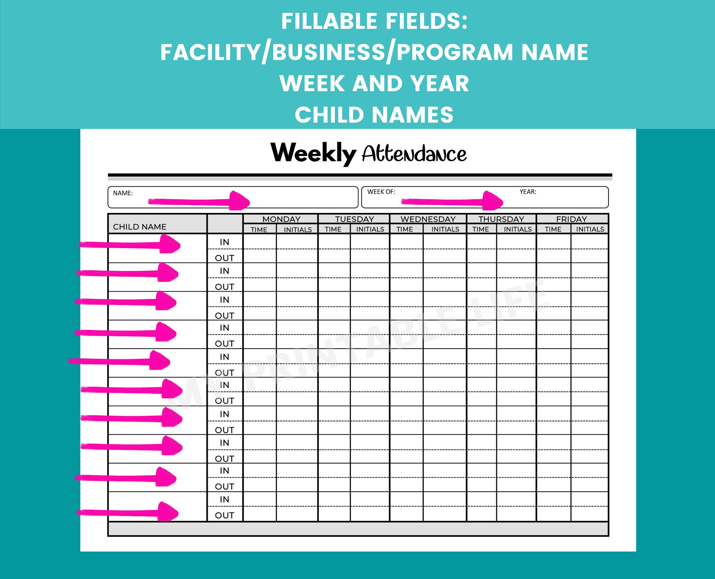 Weekly Attendance Form Sign-in Sign-out Sheet Event Printable ...