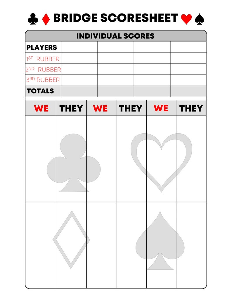 BRIDGE Score Sheet, Card Game Scorecard, Comes in 2 Colors, 2 Sizes - Etsy