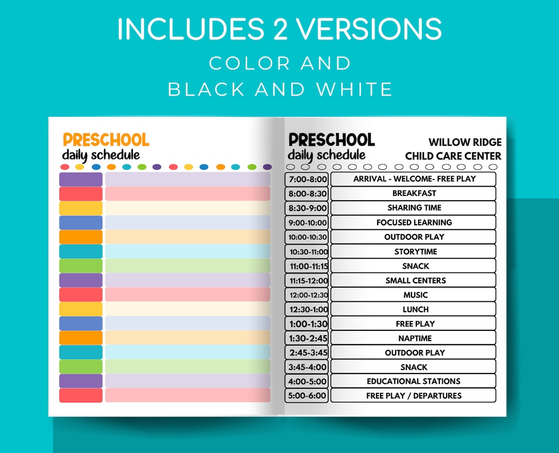 Daycare Daily Schedule for PRESCHOOL Printable Child Care Fillable PDF ...