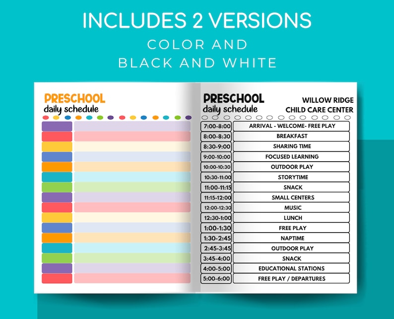 Daycare Daily Schedule for PRESCHOOL Printable Child Care Fillable PDF ...