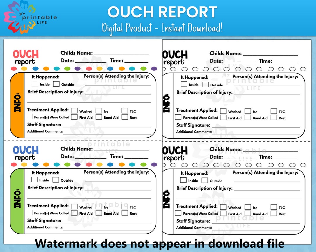 OUCH REPORT- Daycare Printable Child Incident Report, Preschool ...