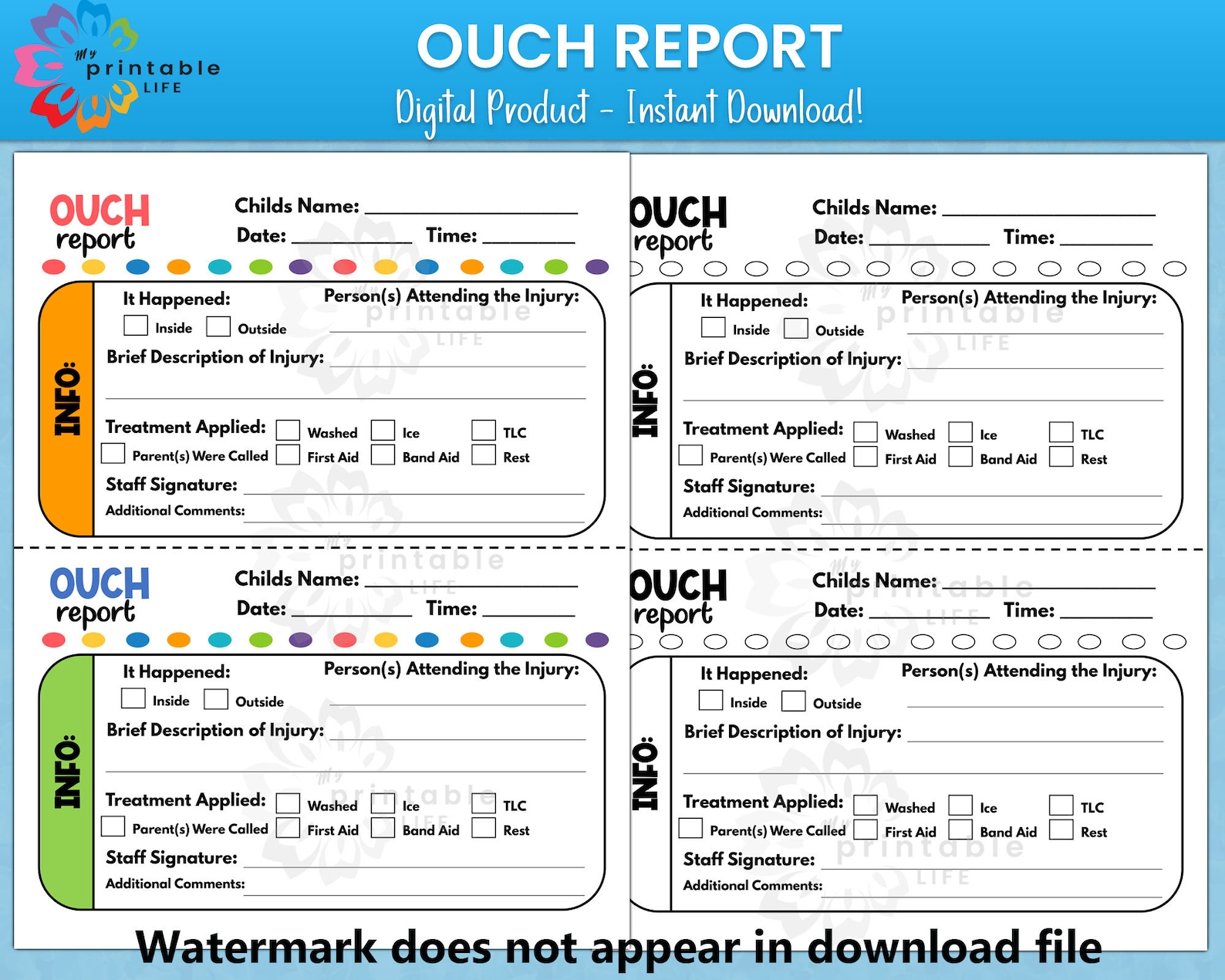 OUCH REPORT- Daycare Printable Child Incident Report, Preschool ...