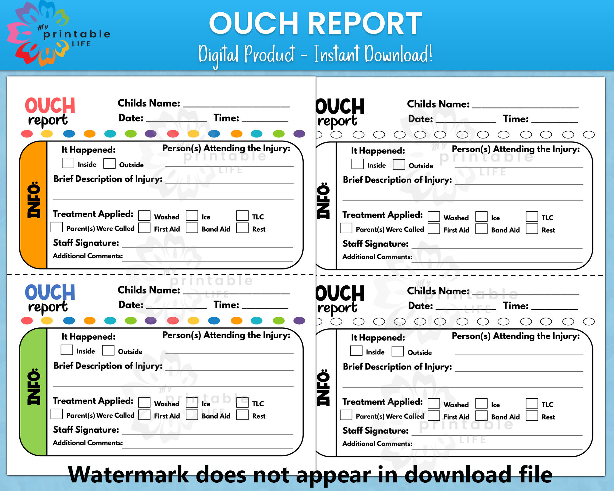 OUCH REPORT- Daycare Printable Child Incident Report, Preschool ...