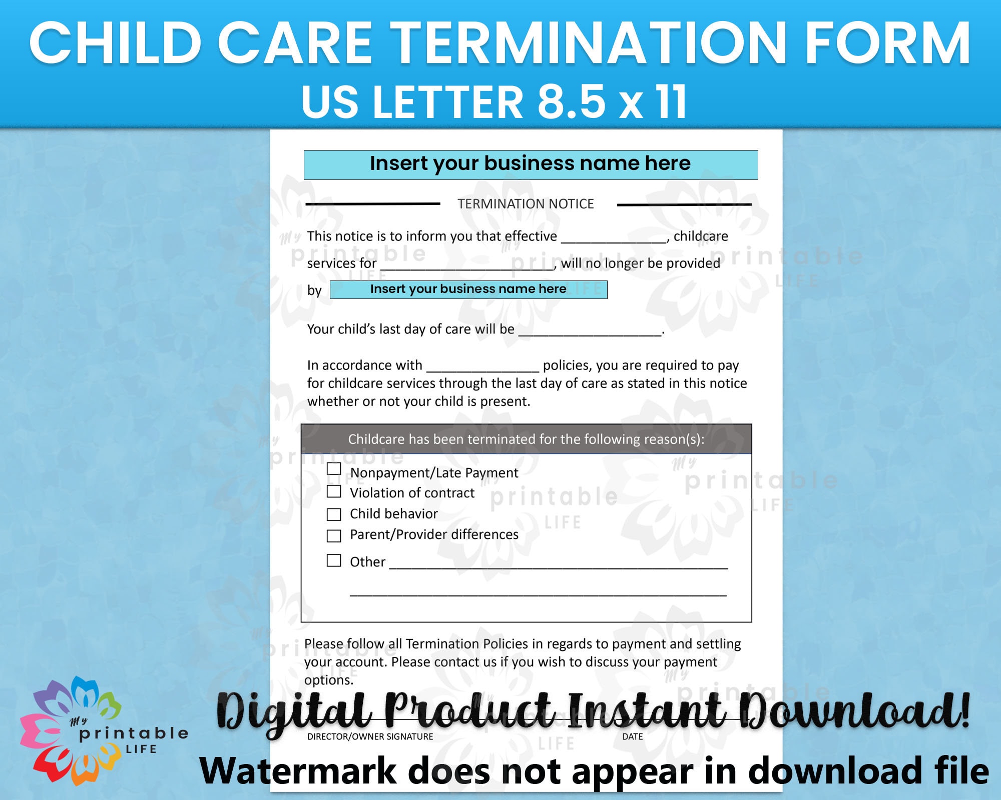 Child Care TERMINATION NOTICE Form Daycare Printable, Childcare ...