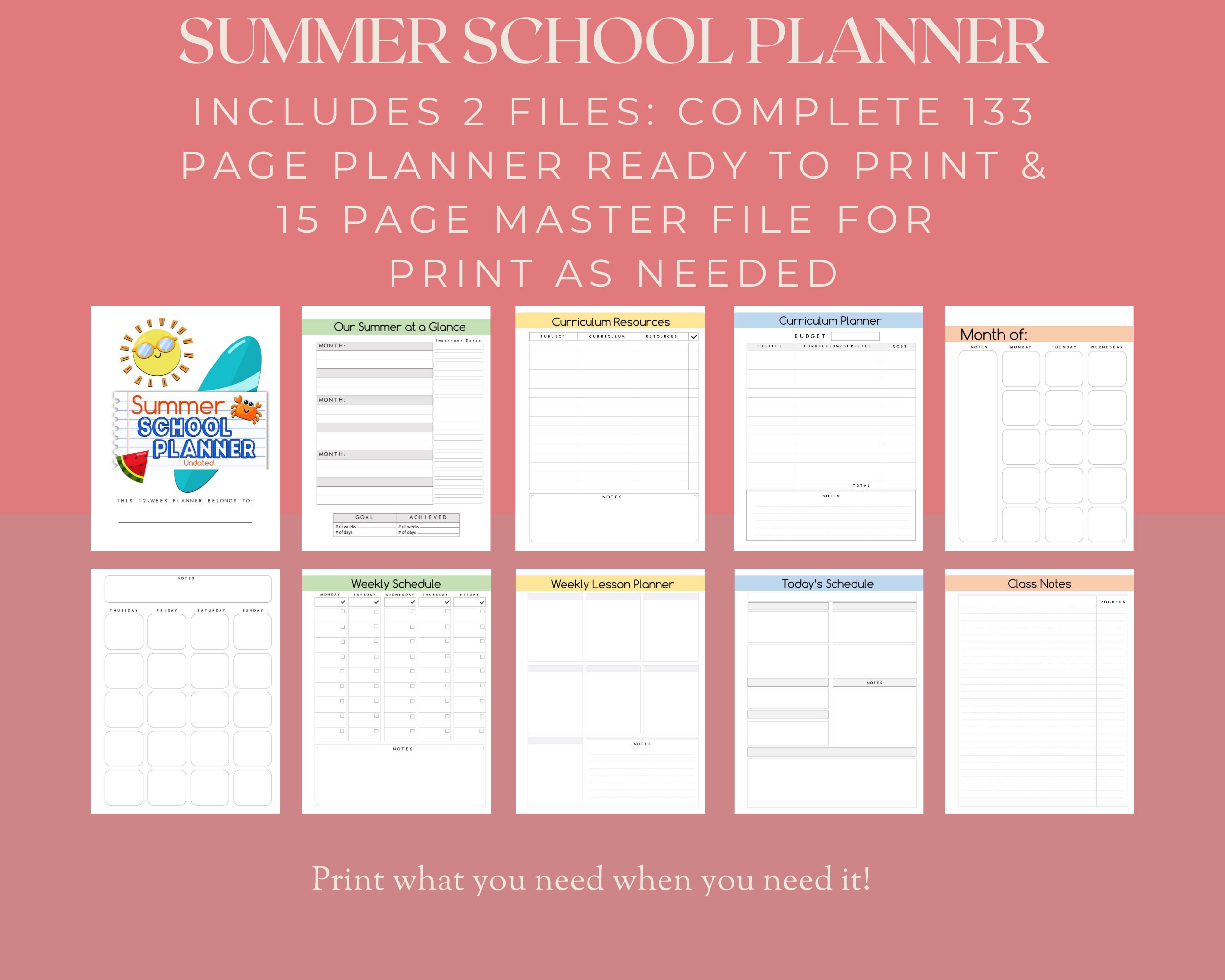 Summer School Planner, 12 Week Undated Pre K to High School and ...