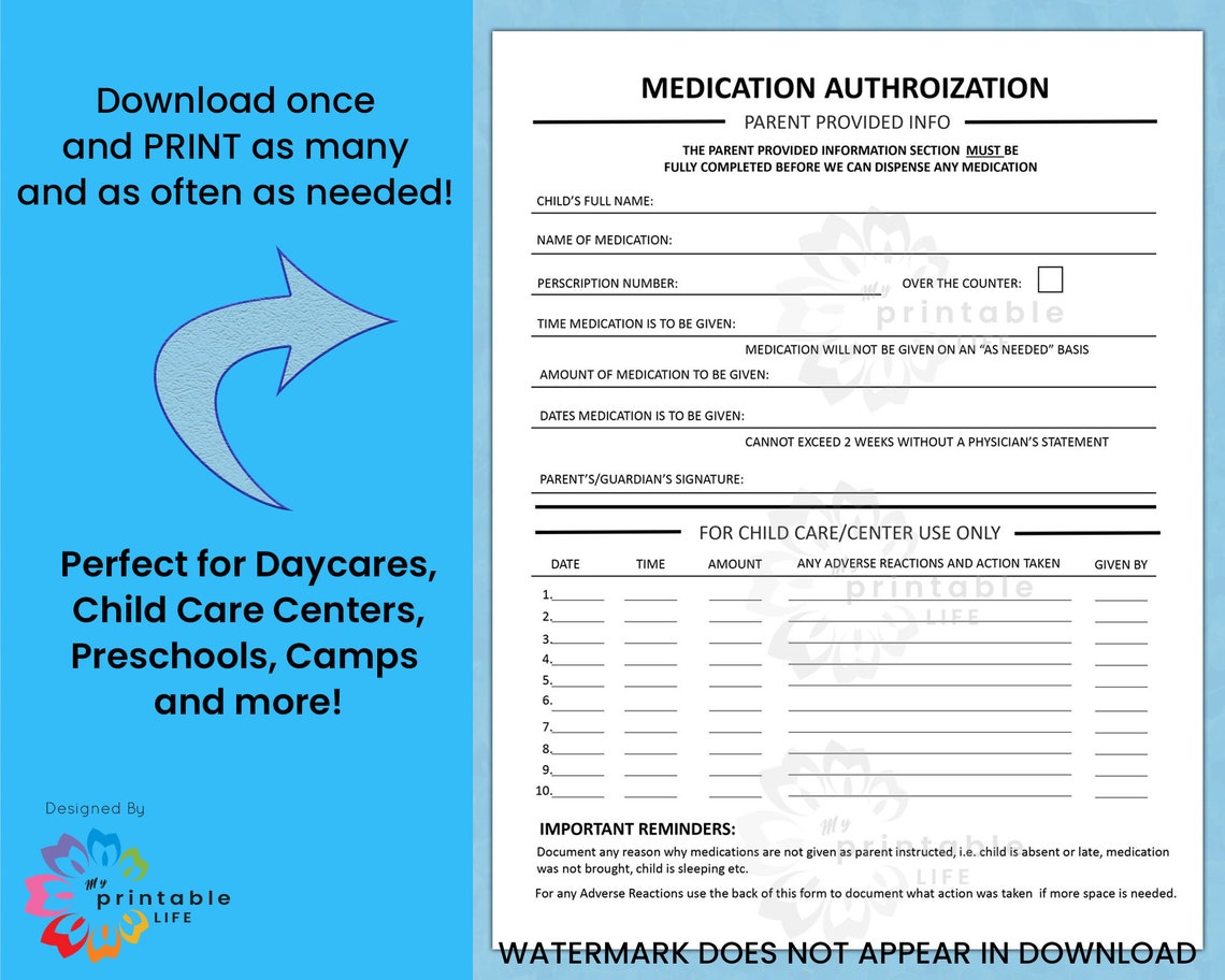 DAYCARE MEDICATION FORM Childcare Center Medication | Etsy
