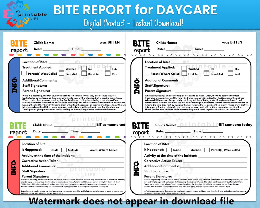 BITE REPORT- Daycare Printable Child Biting Incident Report, Preschool ...
