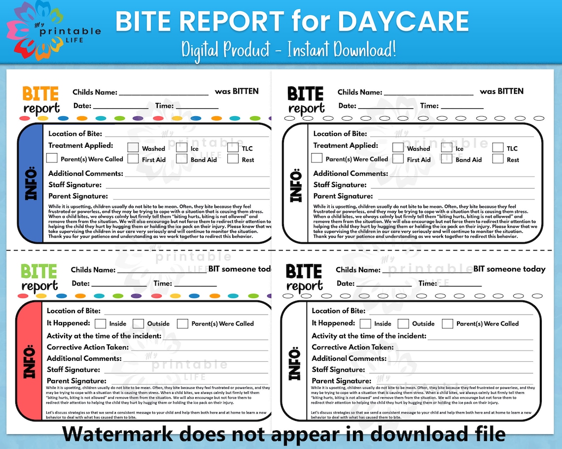 BITE REPORT- Daycare Printable Child Biting Incident Report, Preschool ...
