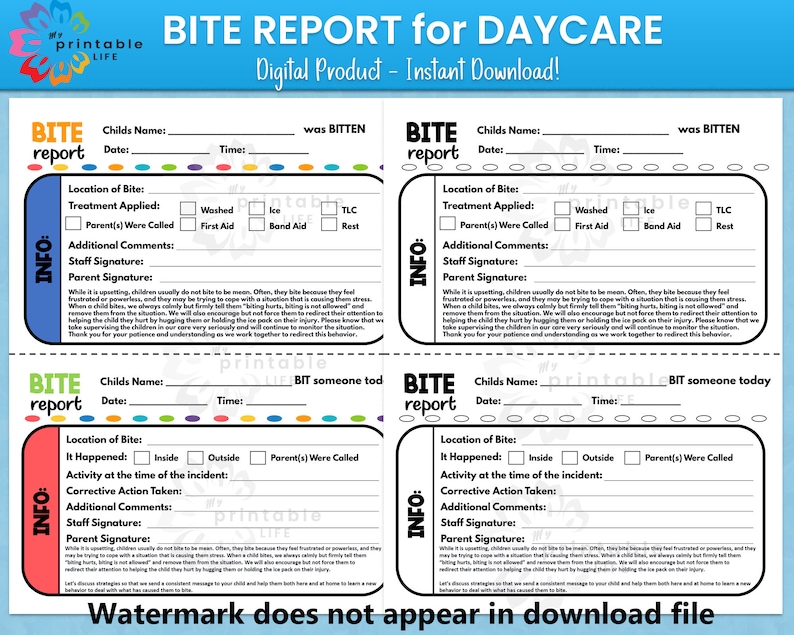 Daycare Biting Incident Report Form – Printable Childcare Notice ...