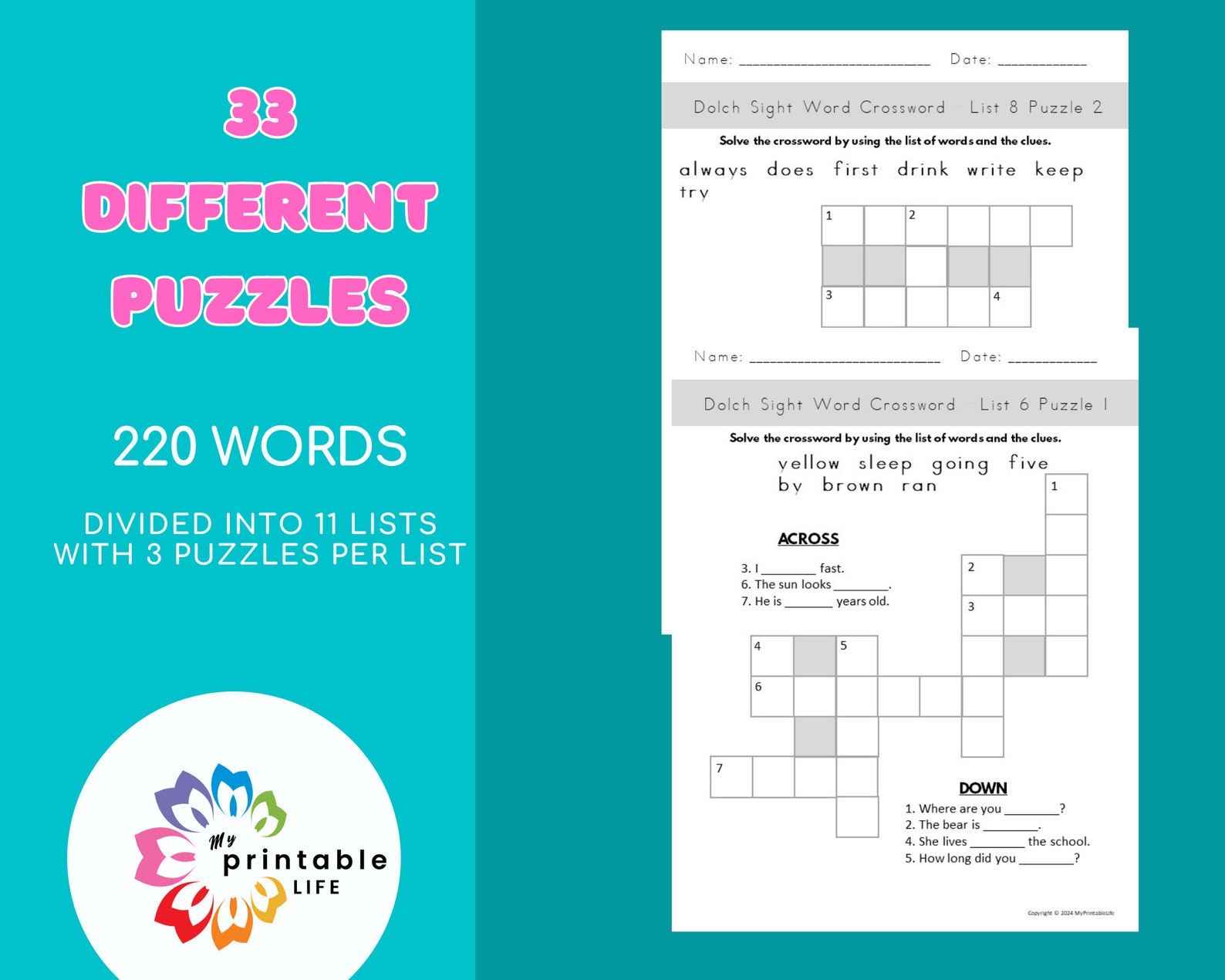 Sight Words Crossword Puzzle Worksheets | 220 Dolch Words | 33 Puzzles ...