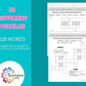 Sight Words Crossword Puzzle Worksheets | 220 Dolch Words | 33 Puzzles ...
