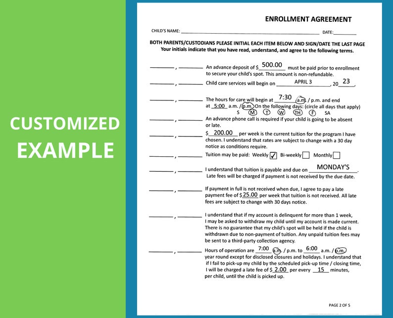 DAYCARE ENROLLMENT AGREEMENT Form, Fillable Child Care Contract - Etsy