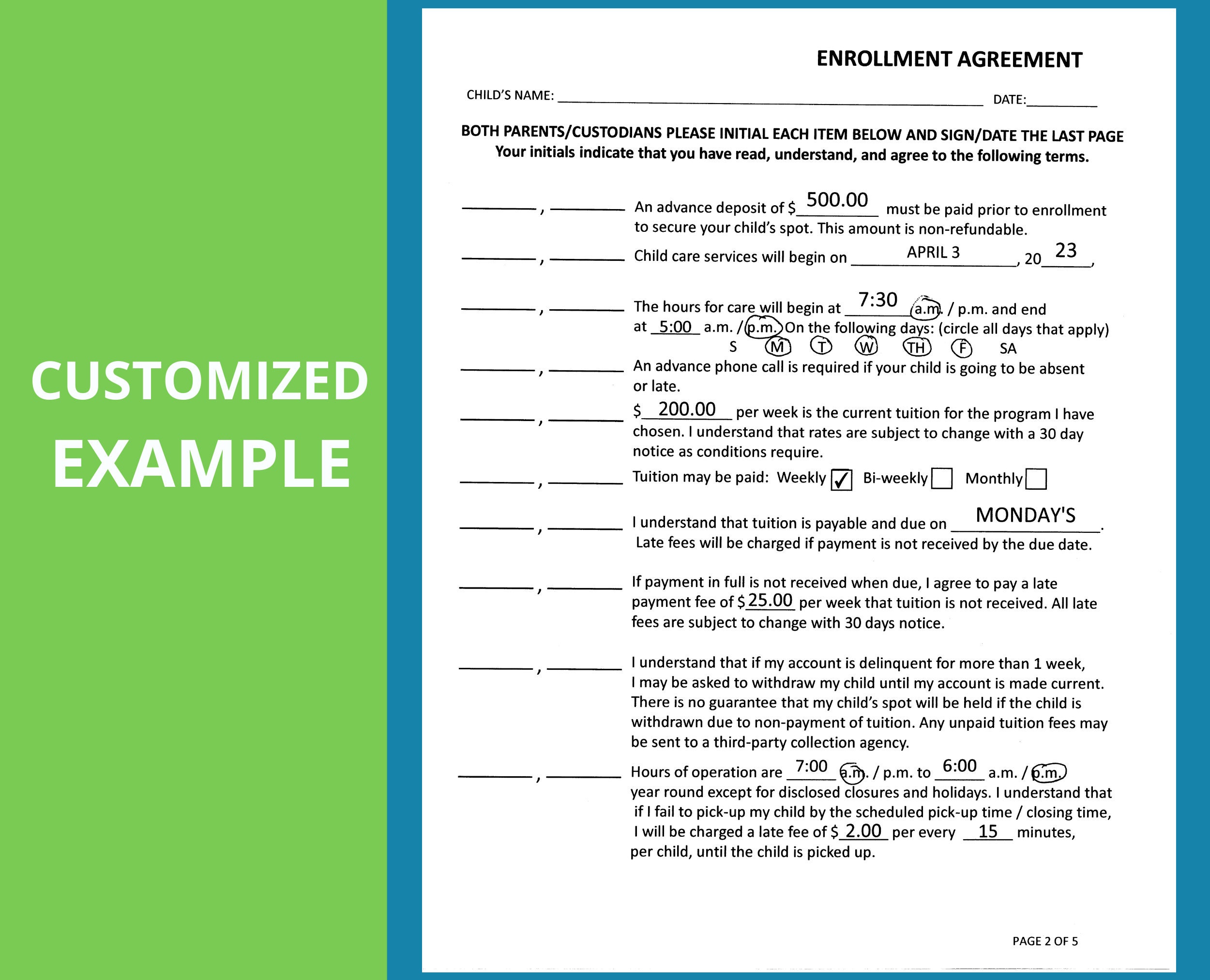 DAYCARE ENROLLMENT AGREEMENT Form, Fillable Child Care Contract - Etsy