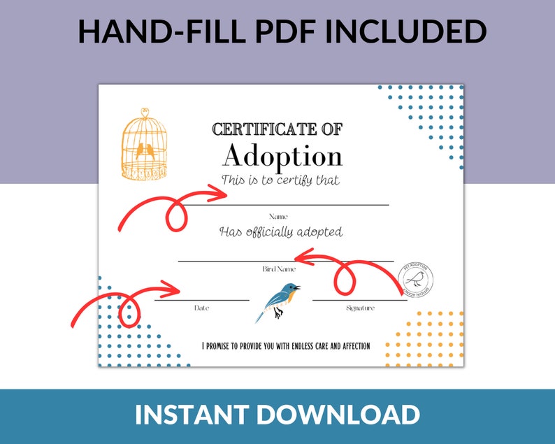 Bird Adoption Certificate | Editable Canva Template | Printable Avian ...