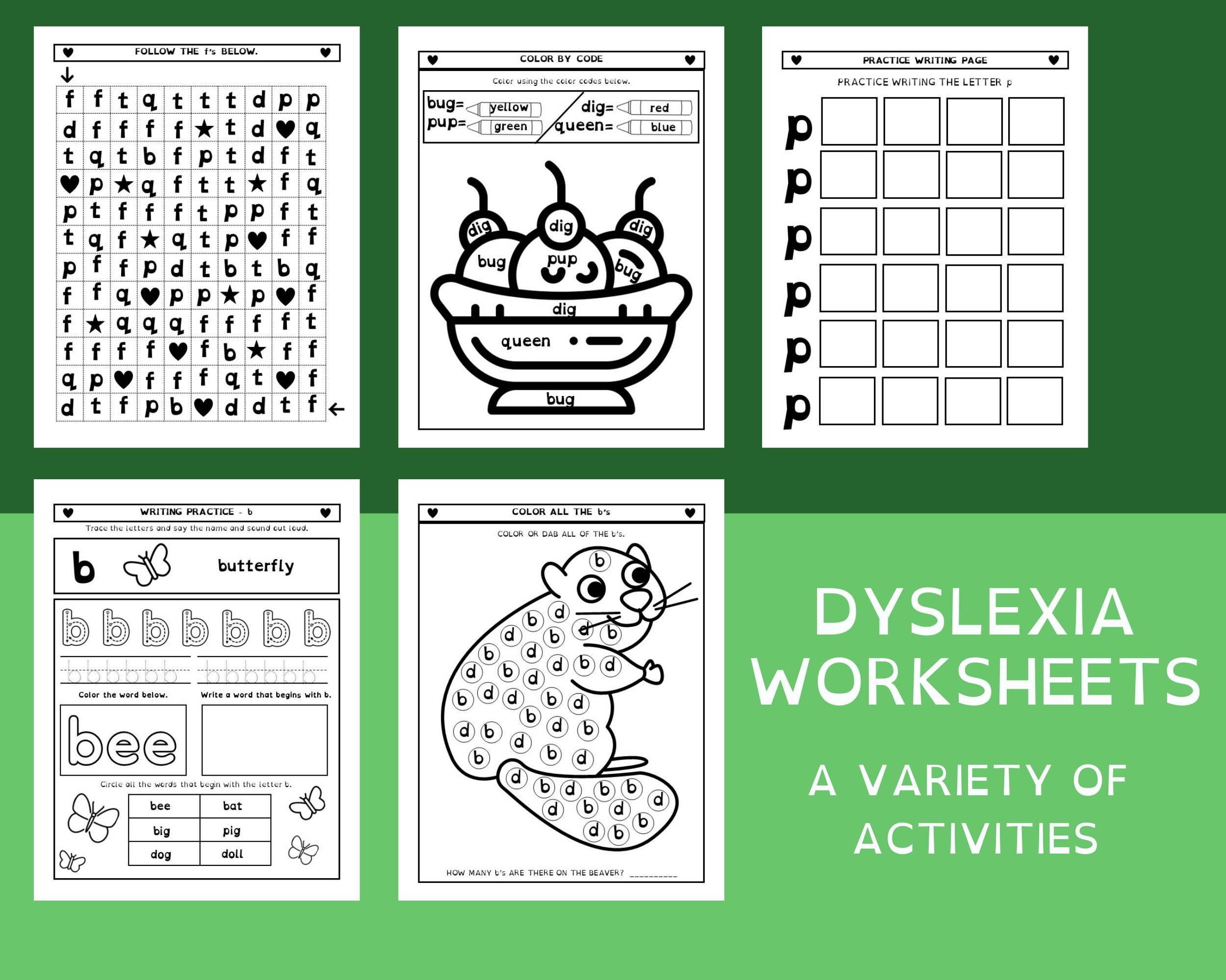 Dyslexia Letter Reversals Worksheets for the Letters B, D, P, Q, T, and ...