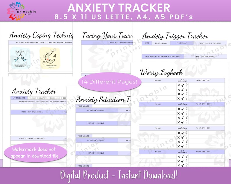 ANXIETY TRACKER, Printable Anxiety Journal, Self Care Pages, Anxiety ...