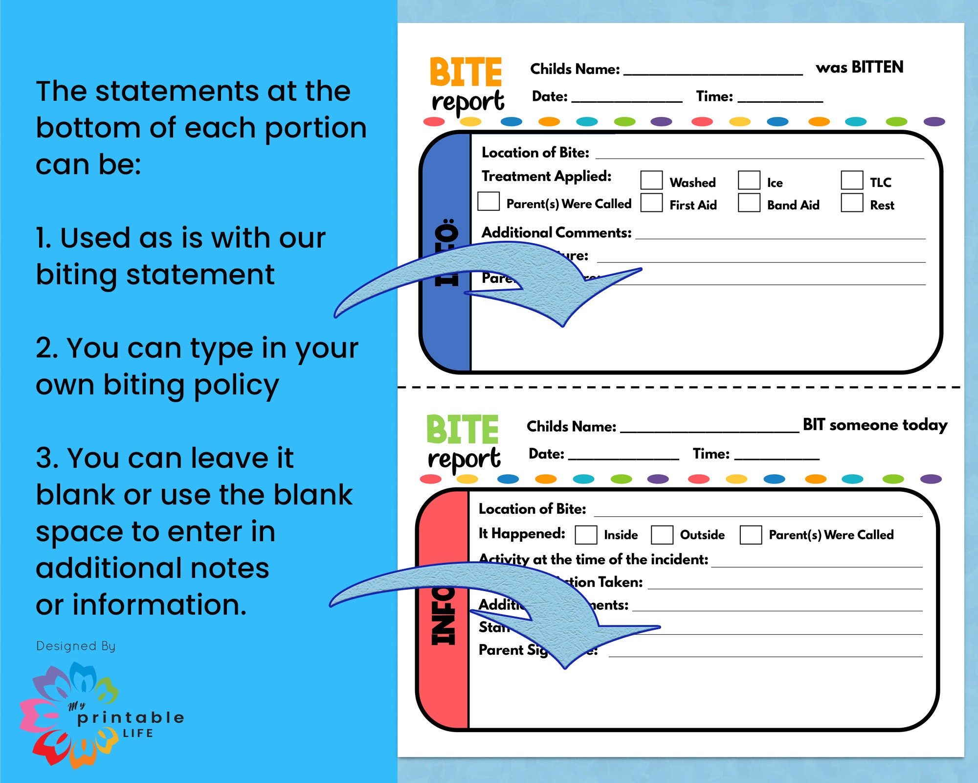 BITE REPORT- Daycare Printable Child Biting Incident Report, Preschool ...
