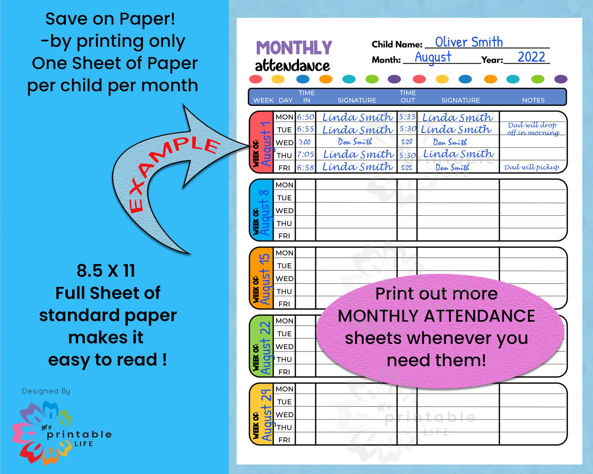 Monthly Attendance Form Sign-in Sign-out Sheet Event Printable ...