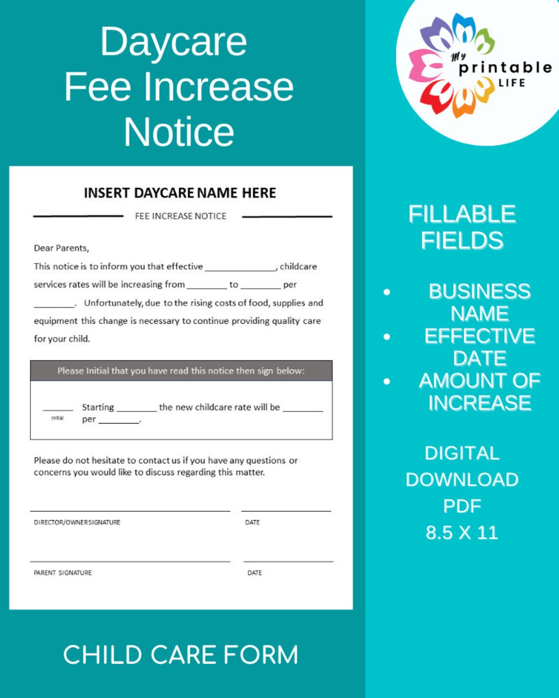 DAYCARE FEE INCREASE Notice, Tuition Rate Increase Letter, Childcare ...